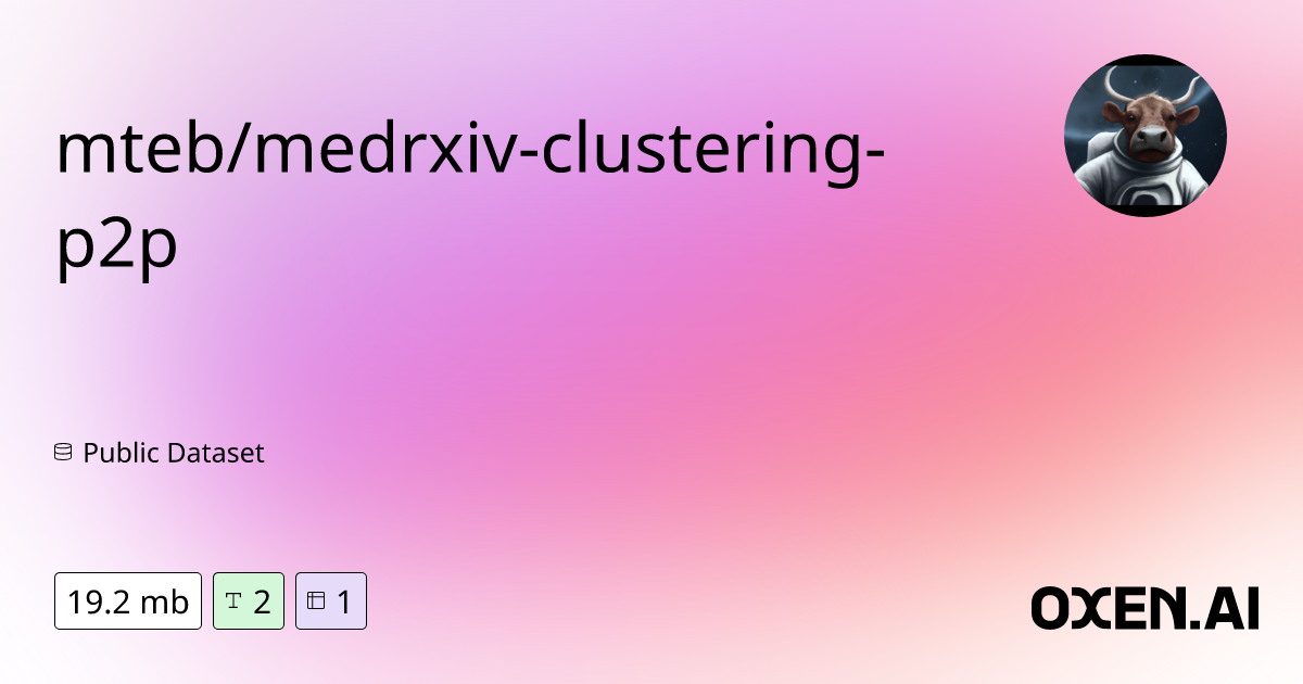 mteb/medrxiv-clustering-p2p | Datasets at Oxen.ai mteb/medrxiv-clustering-p2p | Datasets at Oxen.ai